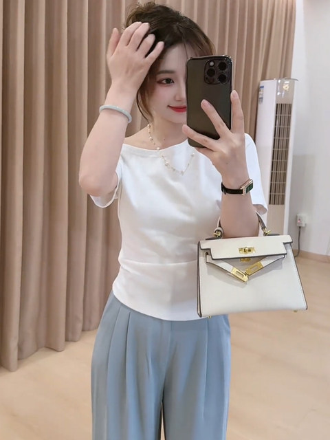 2025 summer new slanted neck off-shoulder fashionable short-sleeved T ...