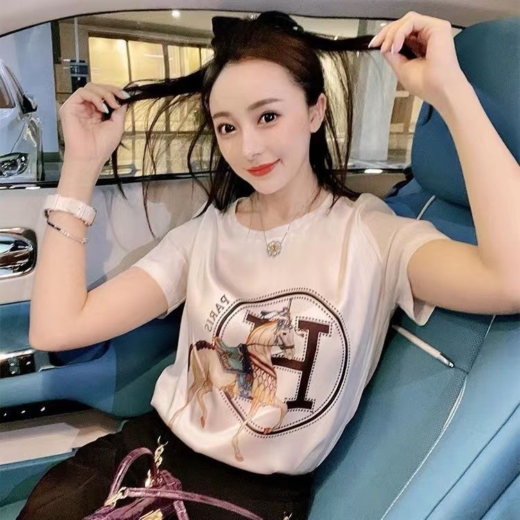 t恤短袖女圆领2022年新款夏装真丝印花拼接纯棉上衣欧洲站潮ins-Taobao