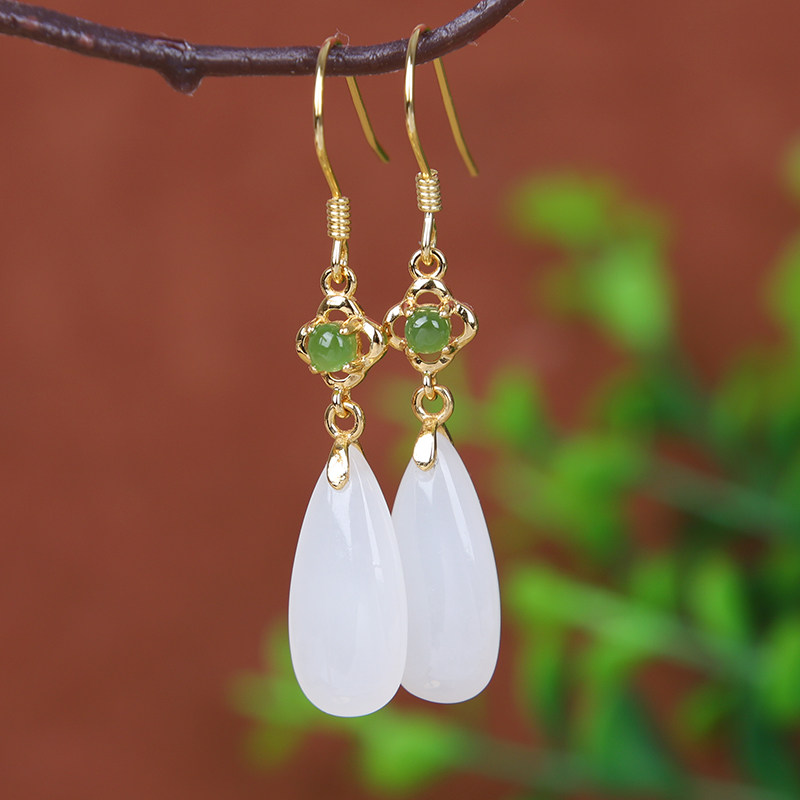 Natural hetian jade teardrop earrings! women's long yang fat jade ...