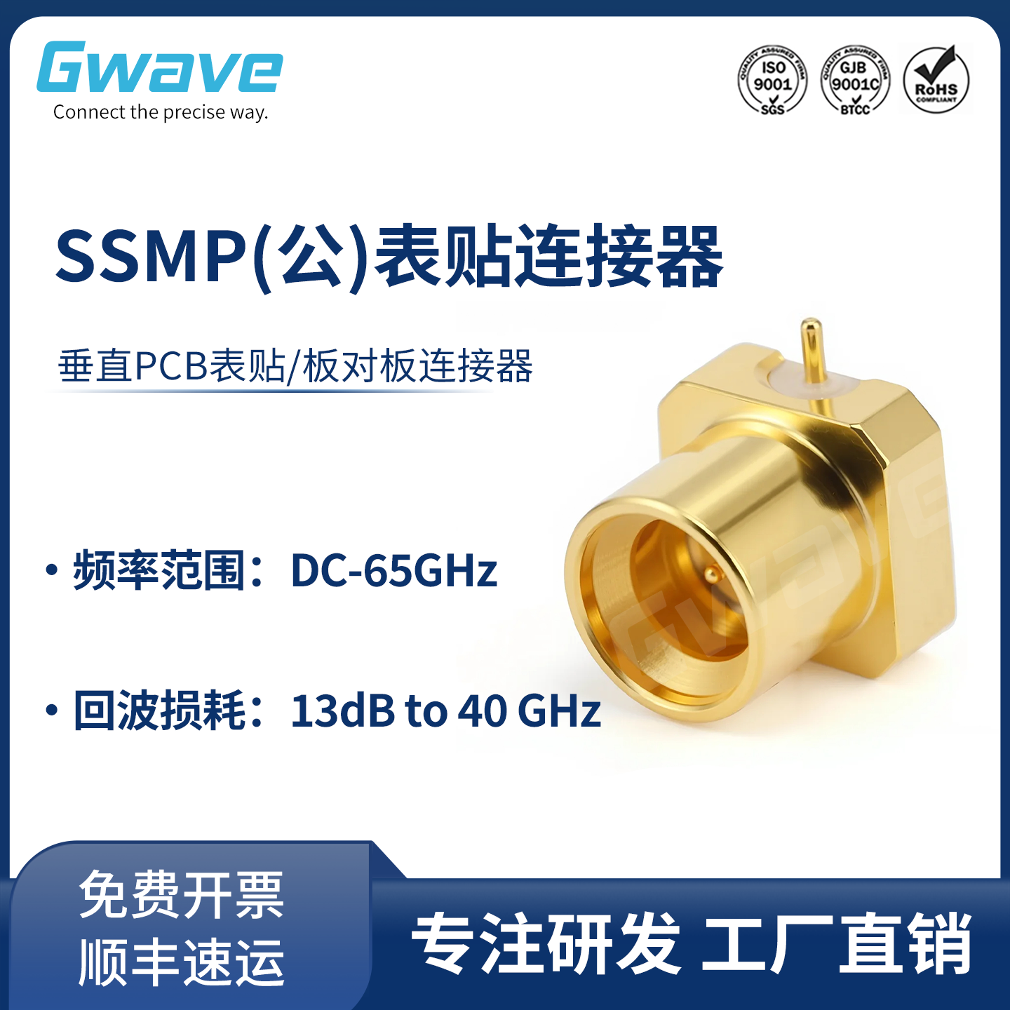 谷波互连SSMP公头表贴连接器GPPO-JHD1 DC-65GHz Mini-SMP SMPM