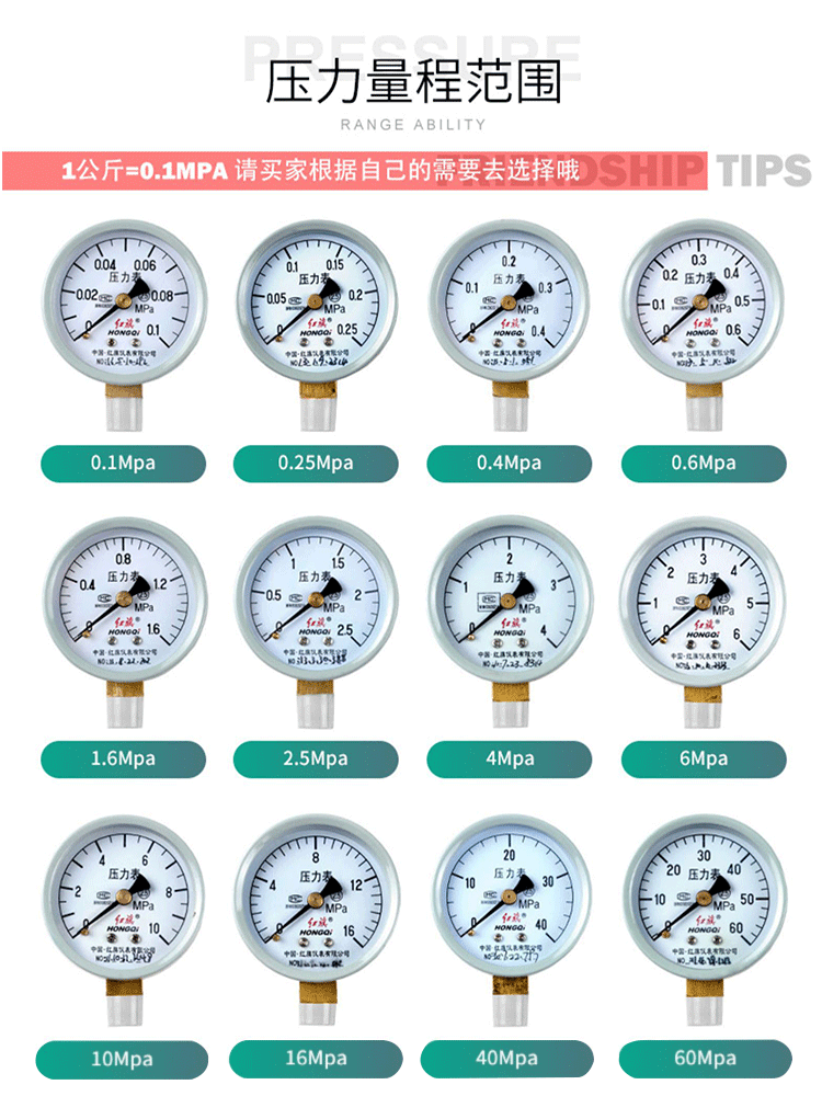Y60普通压力表径向轴向安装上海红旗0~1.6MPa水压油气压锅炉仪表-阿里巴巴