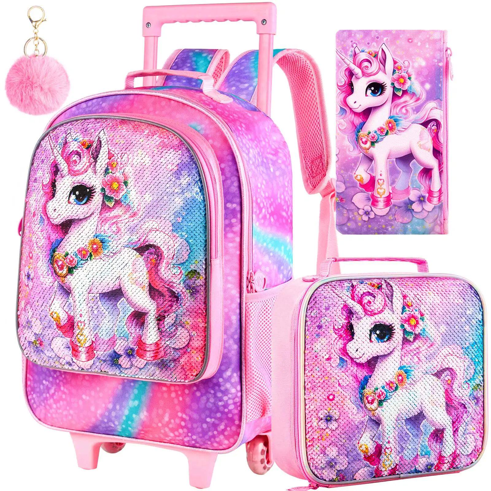 3PCS Rolling Backpack for Girls， Kids Unicorn Dinosaur Whee