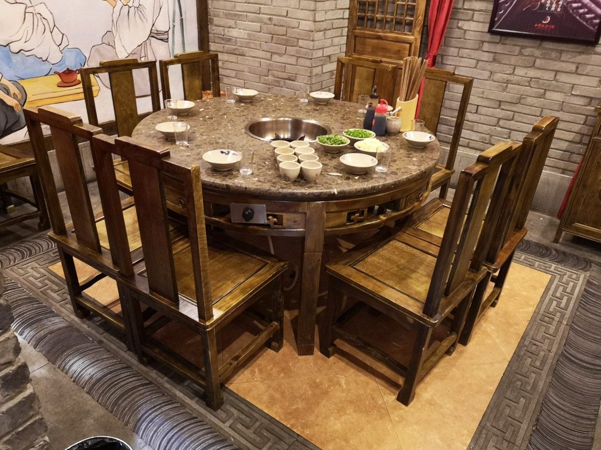 Solid wood vintage marble induction cooker integrated hot pot table ...