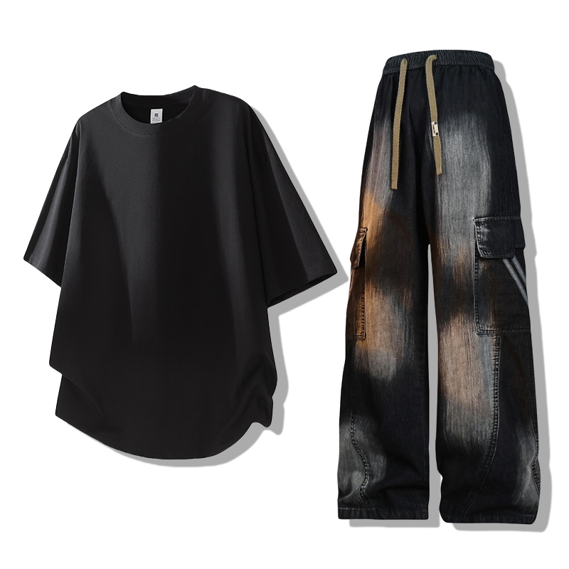 NASA WTAPS夏季冰丝套装男简约潮流短袖T恤宽松牛仔长裤一套搭配-Taobao