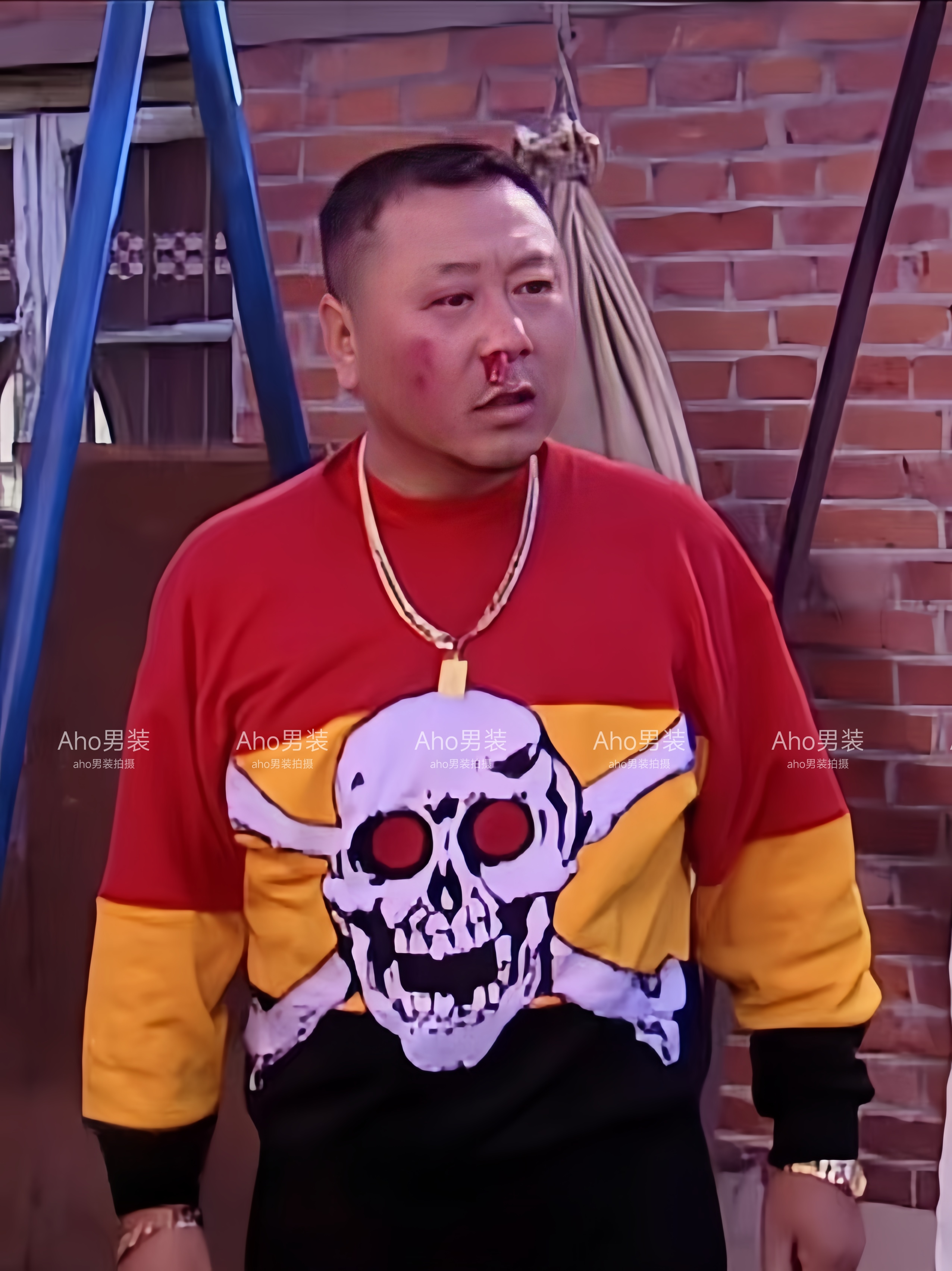 范德彪同款骷髅头刺绣复古卫衣 东北世家潮风男装套头衫