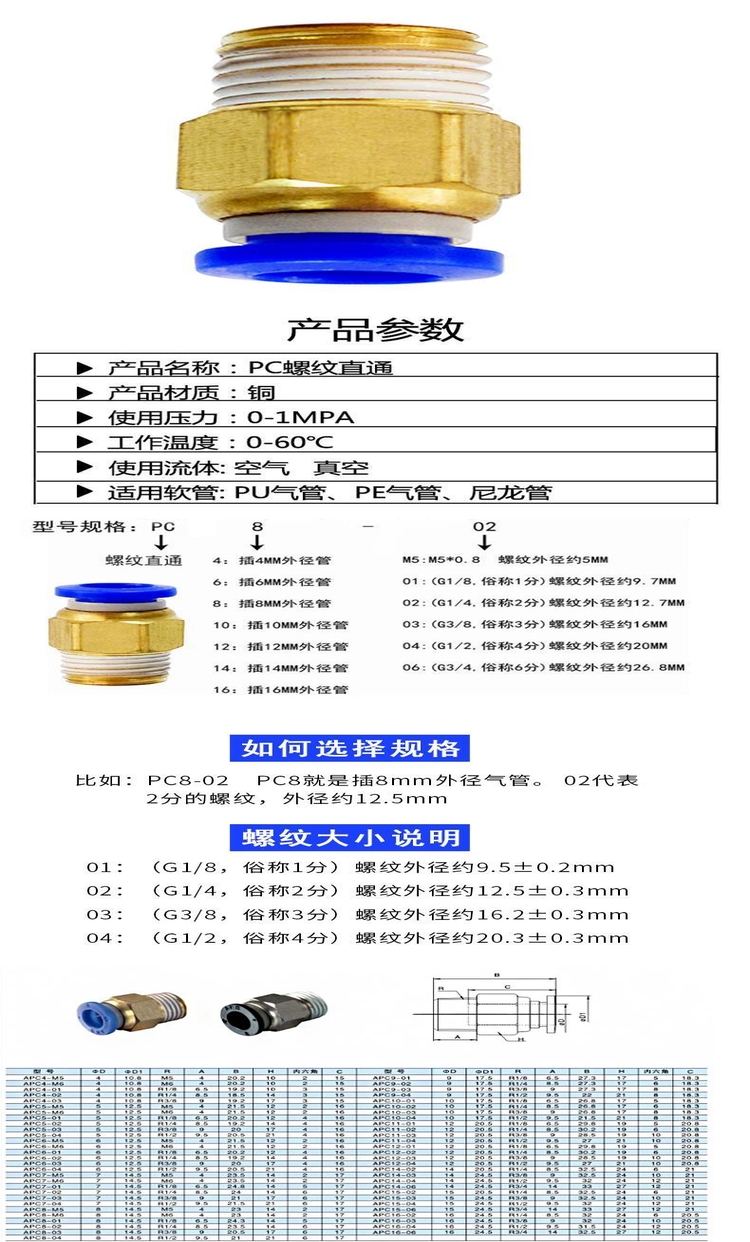气动快速快插气管接头PC螺纹直通 PC4/6/8/10/12-M5 01 02 03 04-阿里巴巴