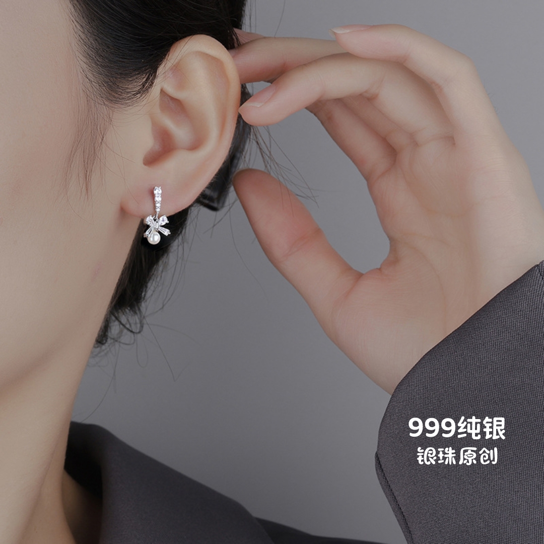S999纯足银蝴蝶结珍珠耳钉女轻奢感甜美锆石耳坠耳饰小众设计耳环-Taobao