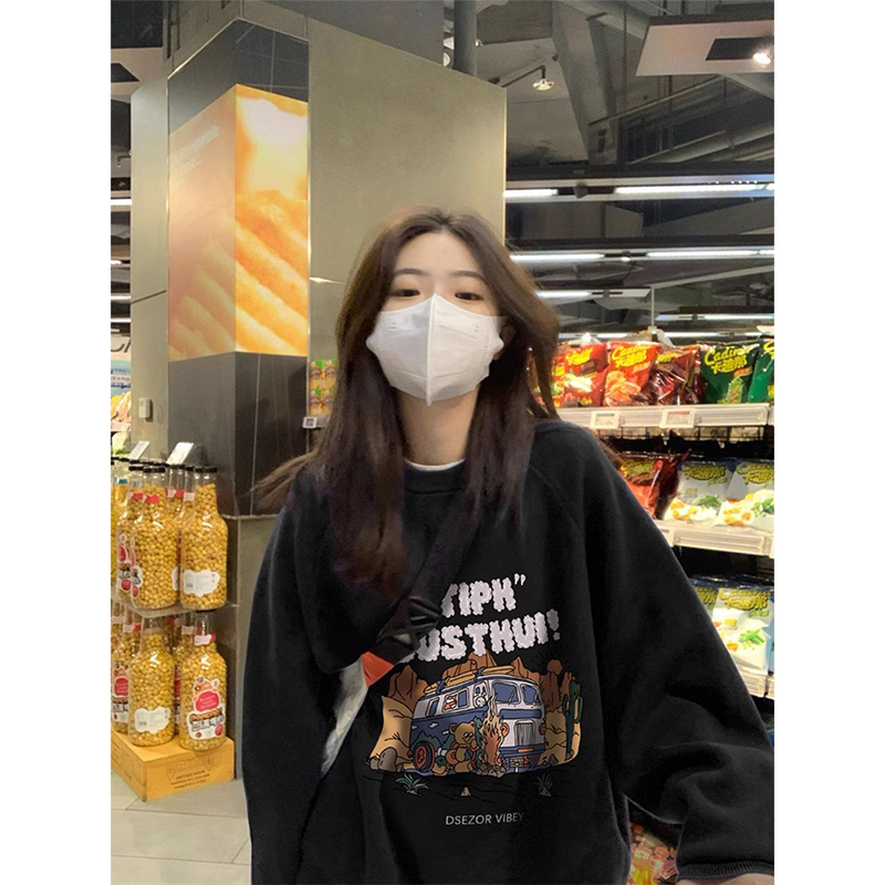 山东即墨卫衣女2023新款爆款黑色加绒秋冬美式复古宽松大码上衣女-Taobao