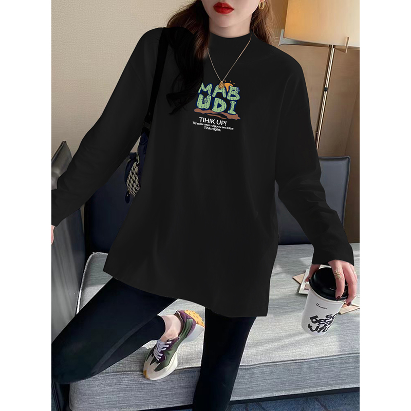洋气减龄纯棉长袖T恤女中长款遮屁股上衣秋冬内搭半高领打底衫ins-Taobao