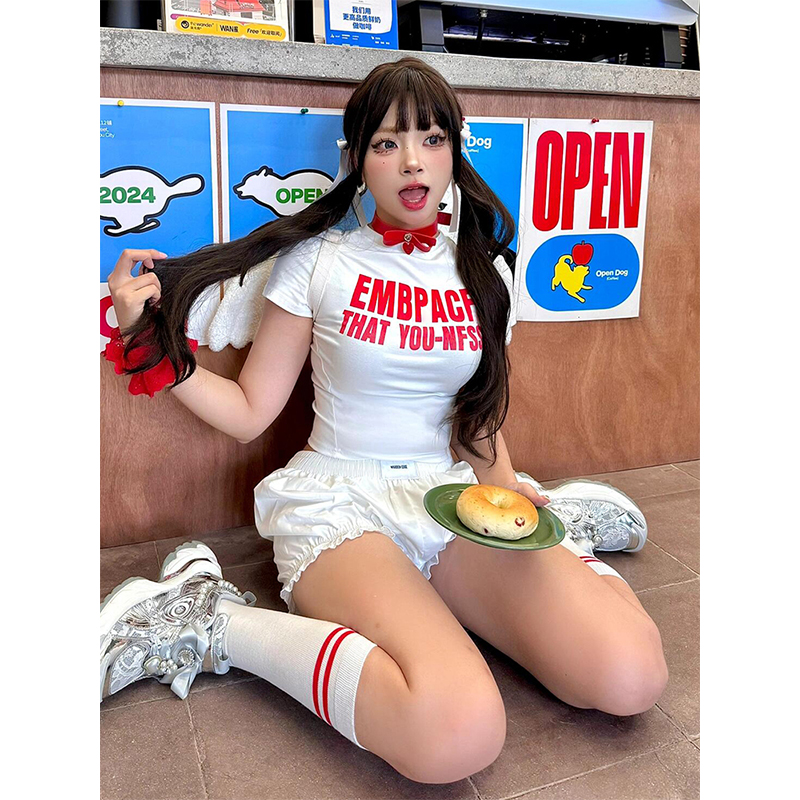 美式正肩短袖女夏季新款字母印花半袖T恤修身辣妹白色短款上衣ins-Taobao
