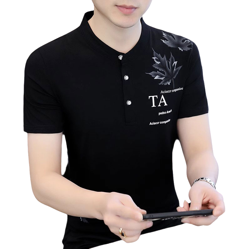 小立领男款T恤夏季修身有带领短袖polo衫高端印花夏装薄款上衣服-Taobao