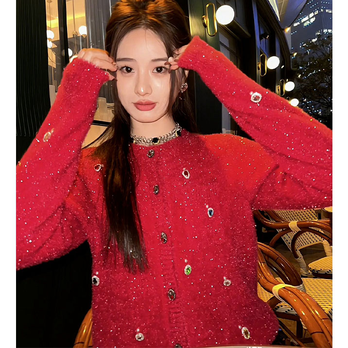 森子欧货2023秋冬慵懒风温柔软糯高级感圣诞新年红色针织毛衣开衫-Taobao