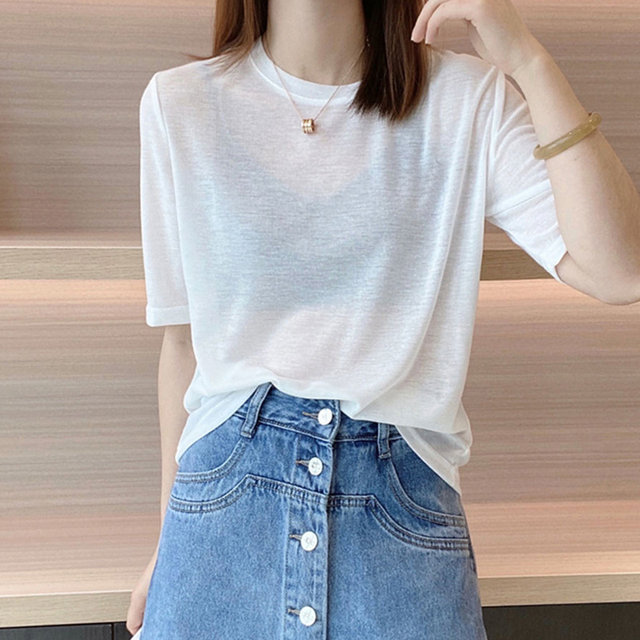 Round neck thin mask short-sleeved T-shirt for women 2025 summer new ...