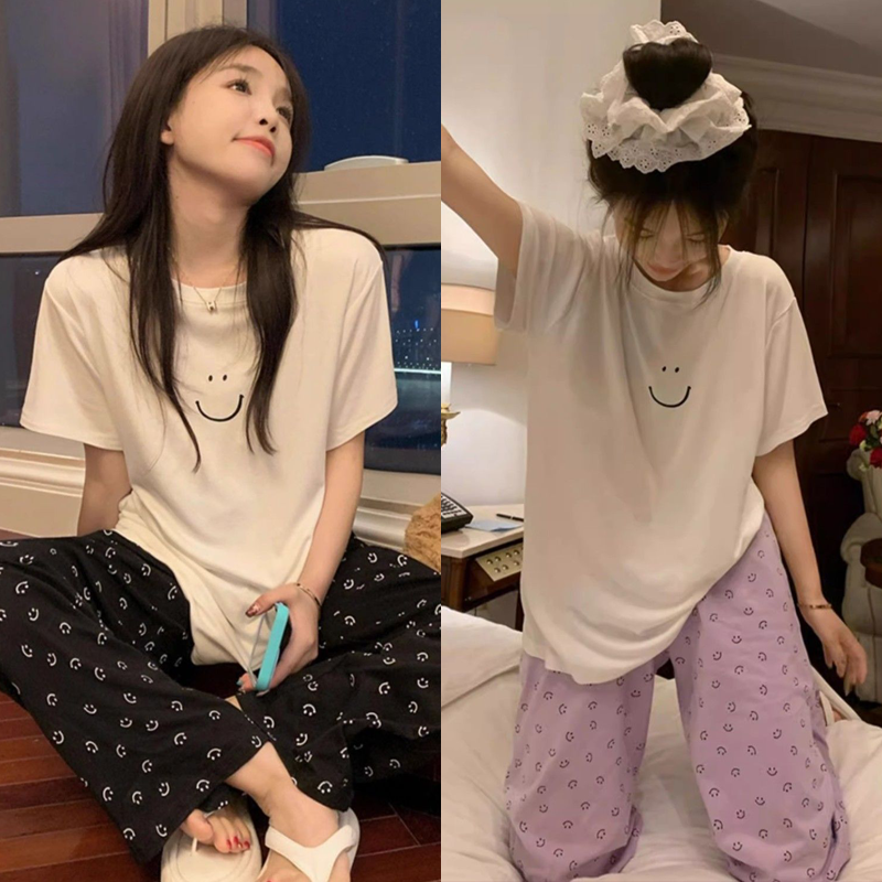 ins笑臉印花短袖睡衣女夏季2024新款寬鬆圓領長褲家居服休閒套裝-Taobao