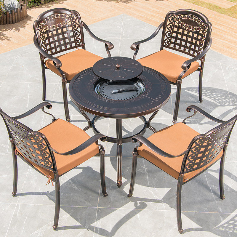 户外烧烤餐桌庭院花园烤炉铸铝韩式休闲木炭碳烤休闲阳台露台桌椅-Taobao