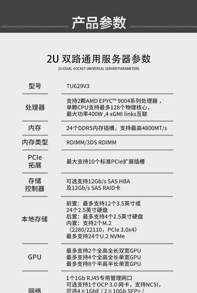 同泰怡TU629V3 双路2U12盘通用服务器 AMD四代9004系列支持3GPU卡