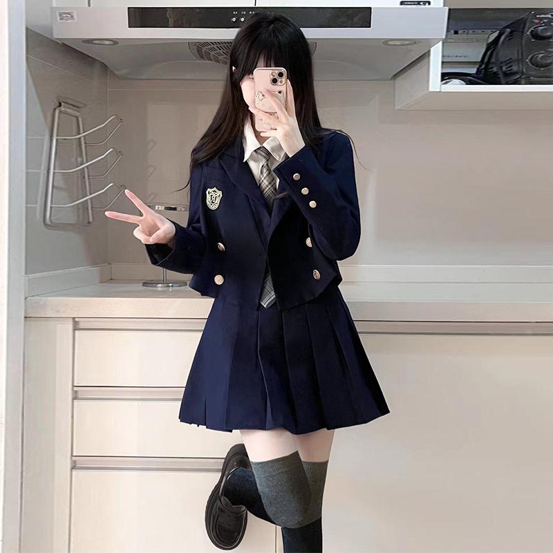 原创jk西装套装英伦学院风藏蓝色制服高级感短款西服外套百褶裙女-Taobao