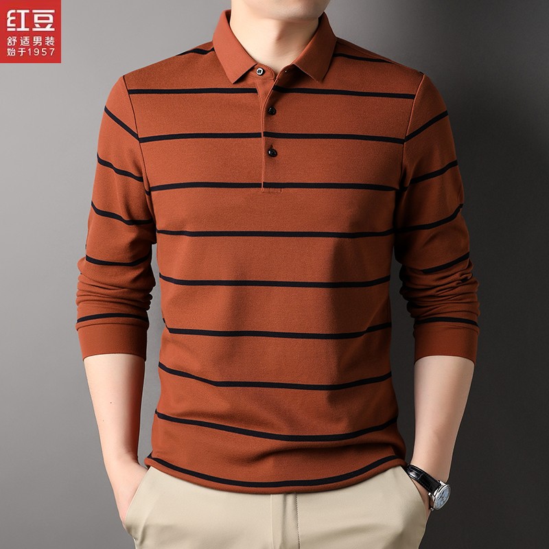 红豆100%纯棉长袖t恤男秋季新款条纹翻领中年高端上衣服宽松POLO-Taobao