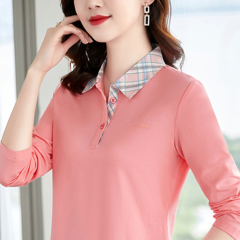 翻领polo衫女长袖上衣2024新款秋季韩版带有领妈妈T恤打底衫体恤-Taobao