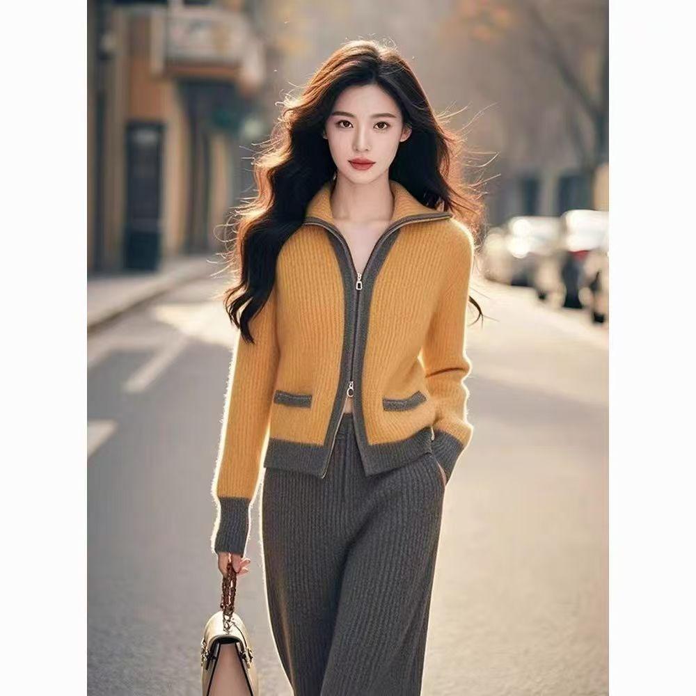 韩版洋气撞色翻领双拉链毛衣2025年春秋新款软糯慵懒风阔腿裤套装-Taobao