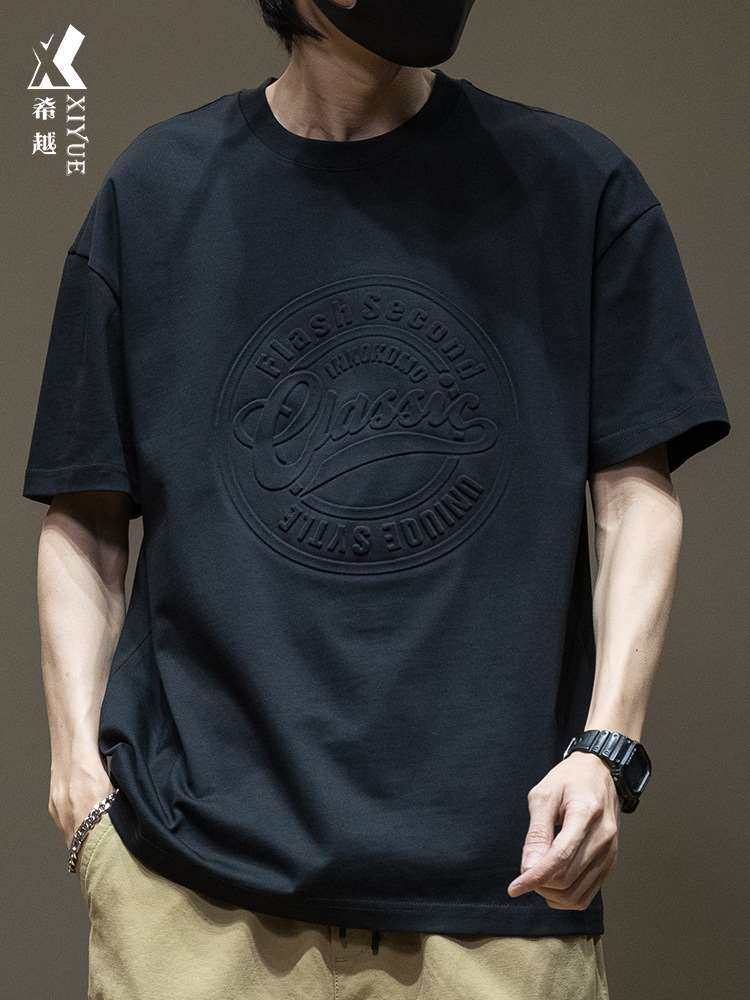 Summer Black Heavy Cotton Short-sleeved T-shirt Men's tendy