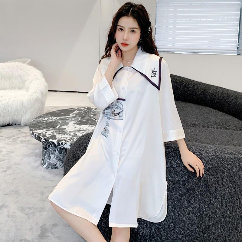 冰絲睡裙女春夏季薄款長袖娃娃領襯衫裙可外穿韓版卡通印花家居L-Taobao