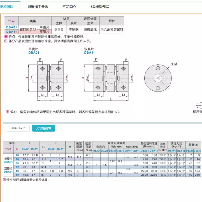 联轴器DBA01/11-D20/D16/D25/D40/D50/D32-d8-e10/12/14/6/18/19