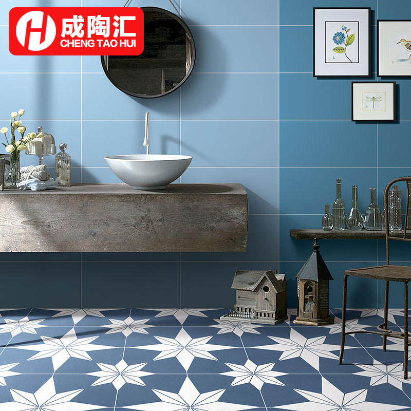 Blue vintage small flower tile 300X300 Nordic style simple bathroom ...