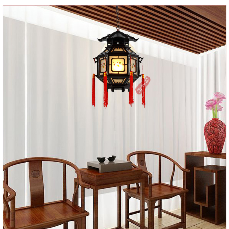 中式古典燈籠吊燈仿古宮燈六角木質防水戶外陽臺宮廷走廊飯廳燈具