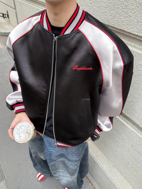 Dbw doublewin original design contrasting color imitation leather crack baseball jacket male ...