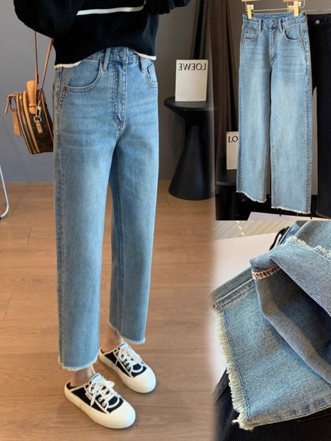 Summer new blue straight jeans female large size fat sister mm slim ...