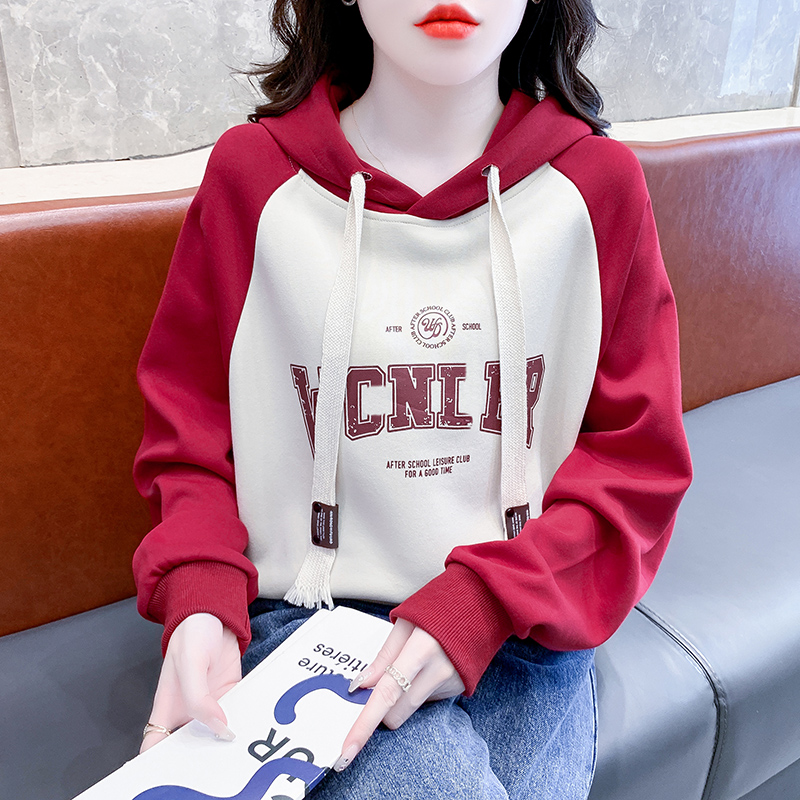 撞色字母印花插肩长袖连帽卫衣女春秋薄款上衣宽松慵懒风外套ins-Taobao