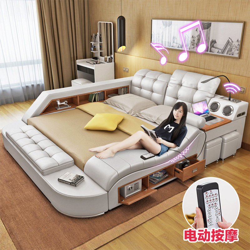 Smart massage leather bed tatami bed double bed 1 8 m wedding bed soft ...