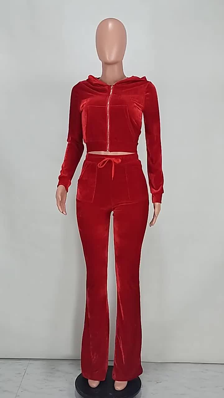 Cropped Top Women Suit Two Piece Sets Pocket Flare Pants Low Cut Long ...