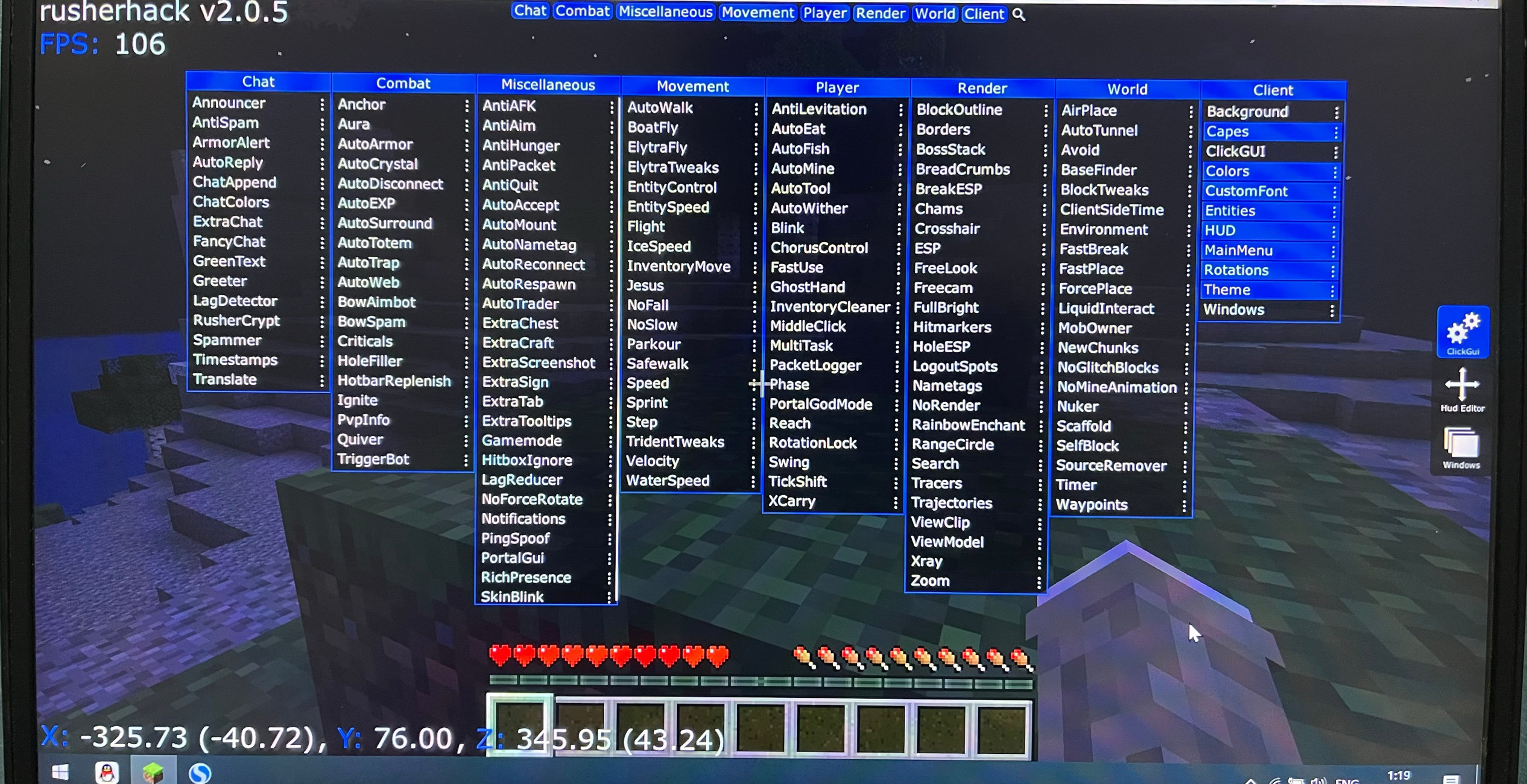 我的世界java版，rusherhack多功能辅助脚本模组科技!1.21-1.21.1
