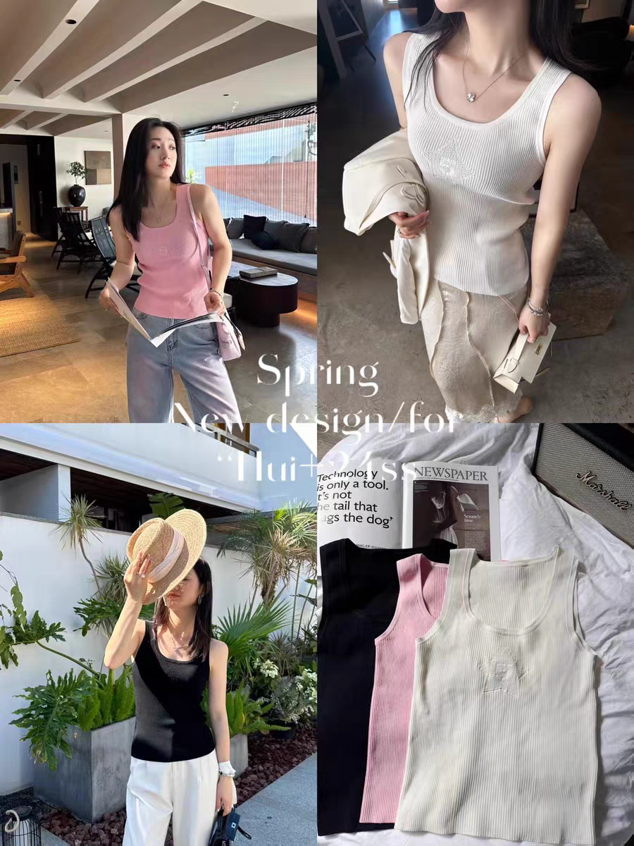 欧洲站2024春夏新款Hui+ 百搭U领五星数字印花纯欲风吊带针织背心-Taobao