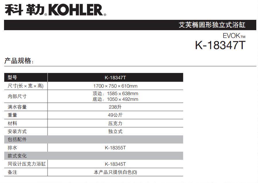 KOHLER KOHLER IVE K-18347T-0 Oval Freestanding Acrylic Bathtub Promotion
