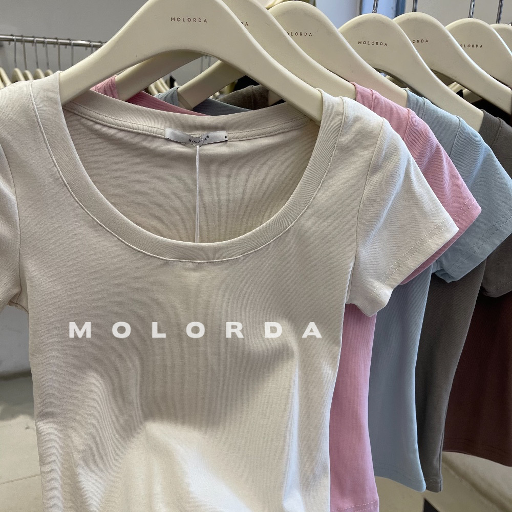 molorda 純色短款U圓領純棉短袖T恤女2024夏修身露鎖骨打底上衣