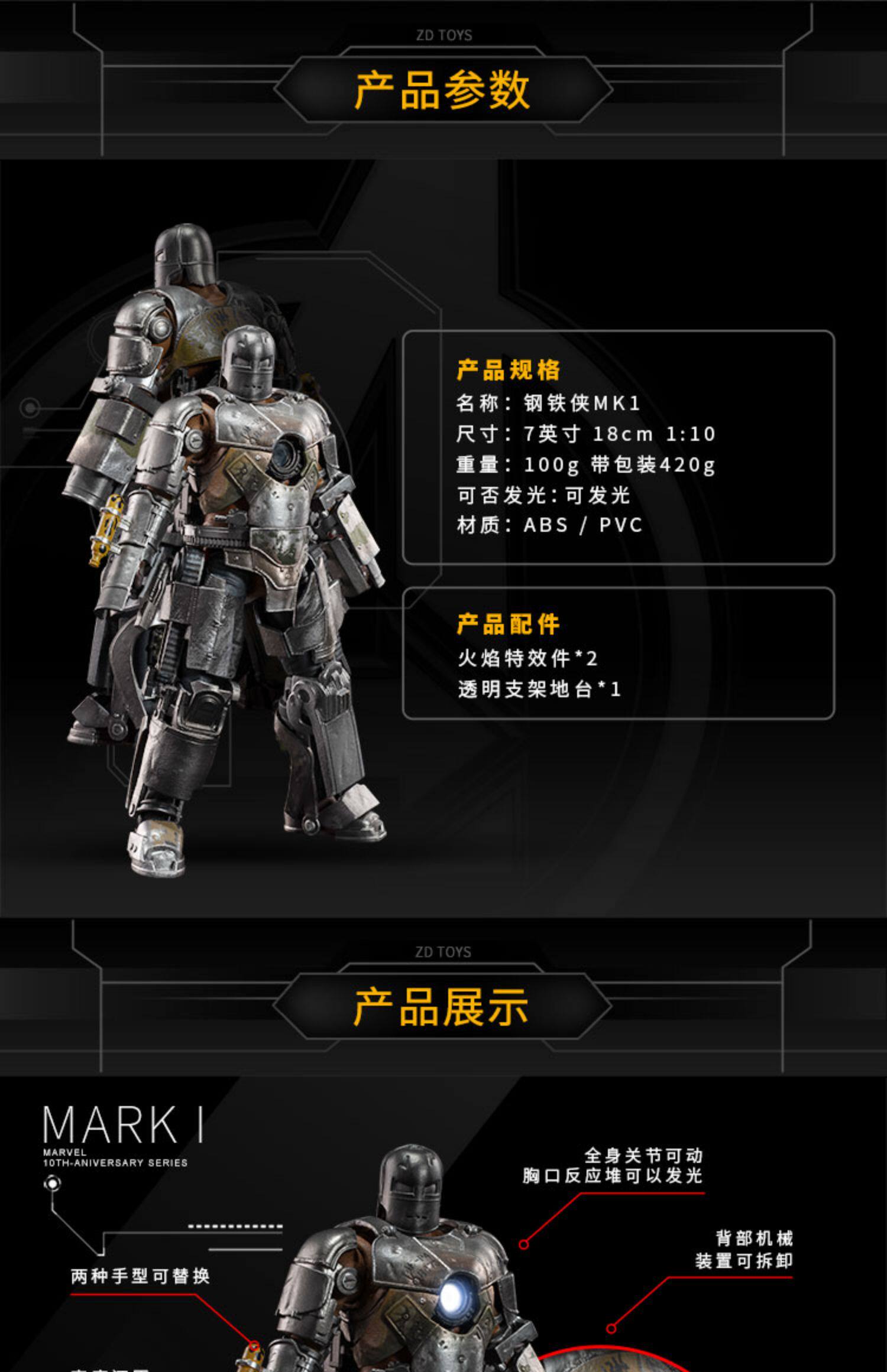 ZD Toys Iron Man Series Joint Movable MK1 Movie Generation ABS Materia ...