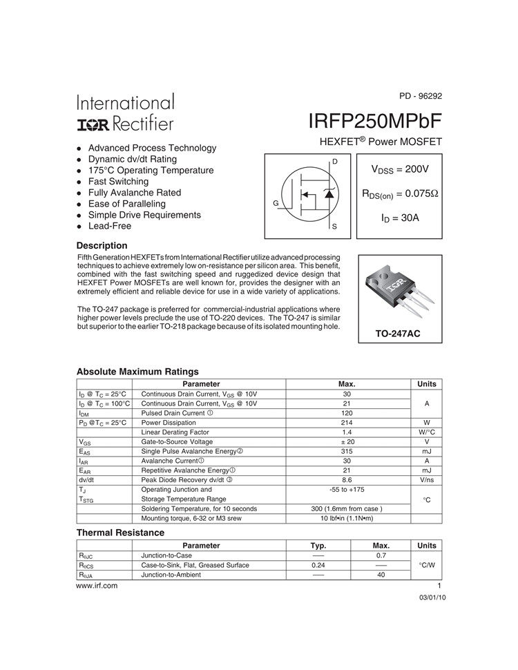 原装 IRFP250MPBF TO-247(AC) N沟道 200V/30A 直插MOSFET-阿里巴巴