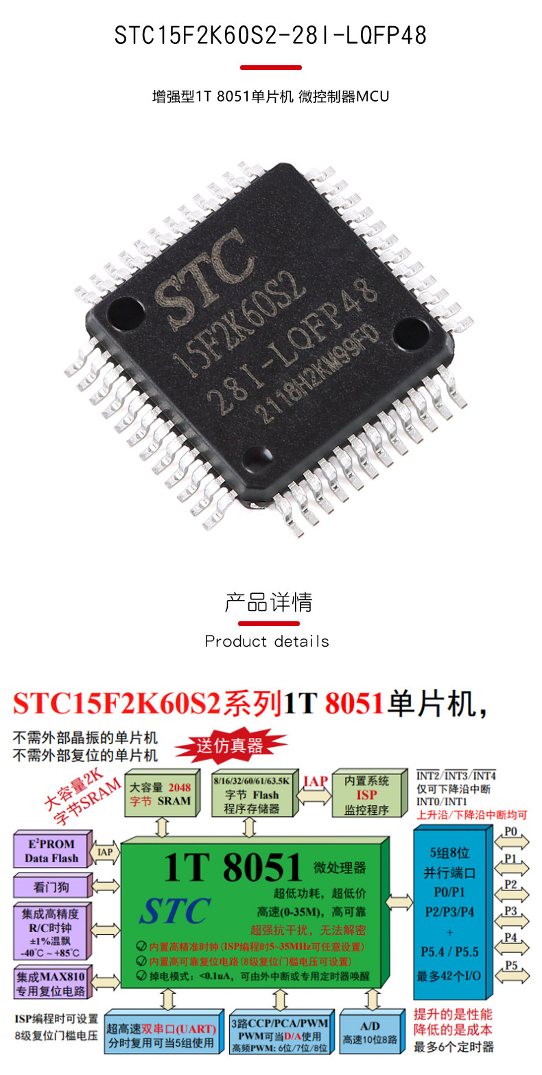 原装STC15F2K60S2-28I-LQFP48 增强型1T 8051单片机 微控制器MCU-阿里巴巴