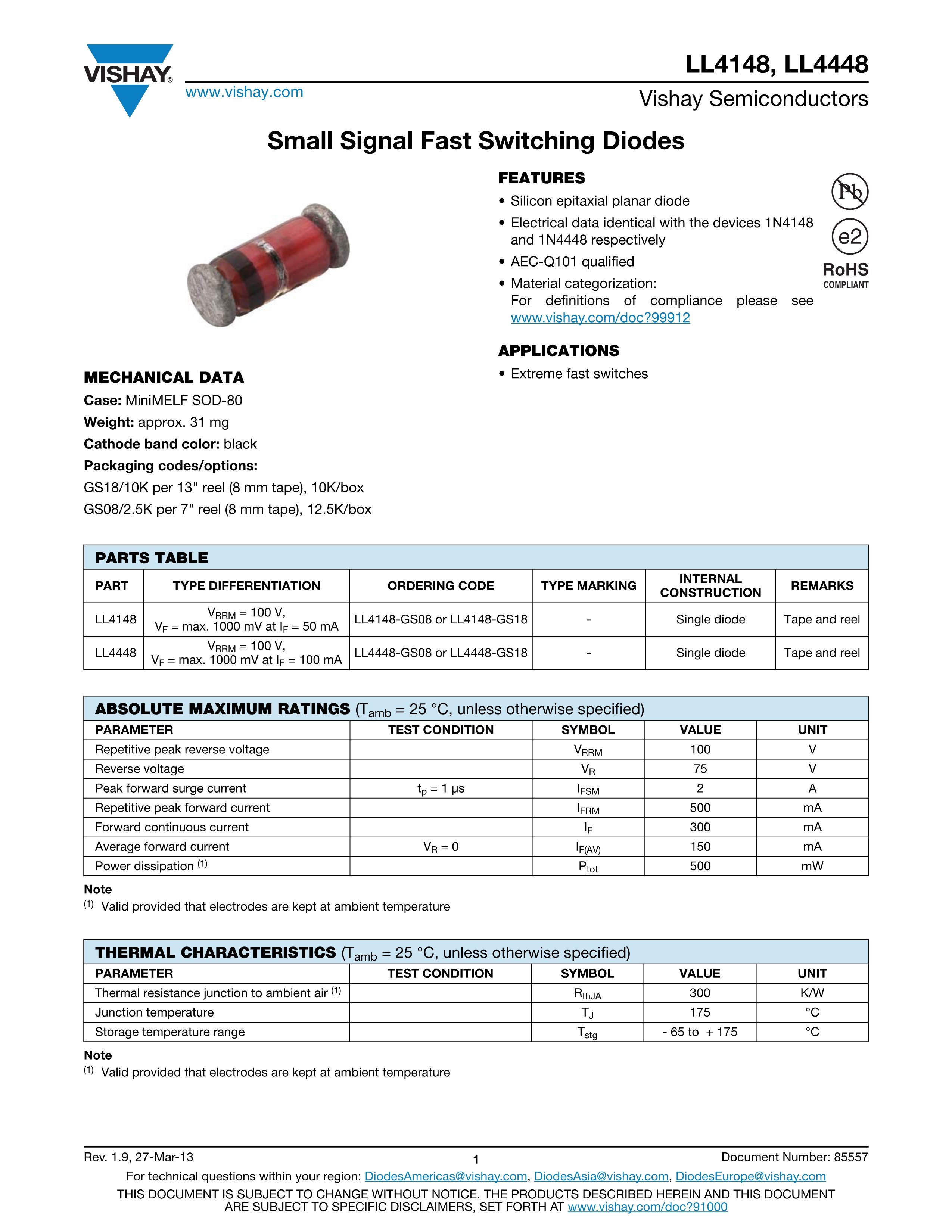原装 LL4148-GS08 SOD-80 75V/300mA 贴片开关二极管-阿里巴巴