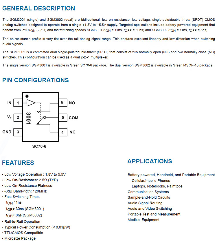 原装 SGM3001XC6/TR 丝印3001 SC-70-6 单刀双掷模拟信号开关-阿里巴巴