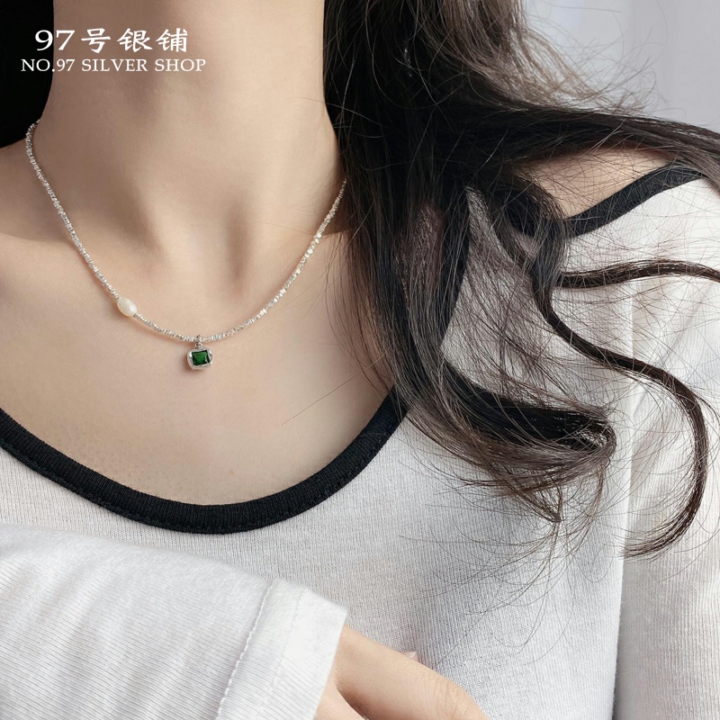 S925纯银简约小清新碎银绿锆石方块淡水珍珠项链夏季新款气质锁骨-Taobao