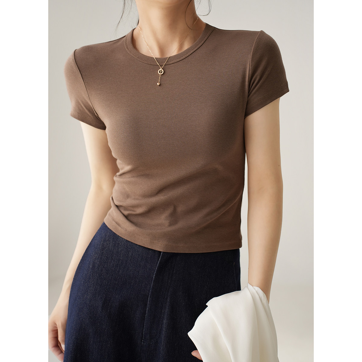 23228 Youke Silk Fiber Women's Front Shoulder T-shirt Slim Short Solid ...