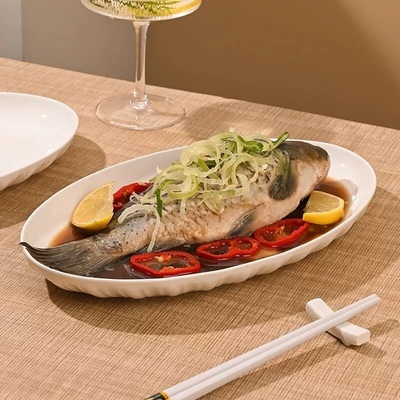 传旗纯白陶瓷鱼盘家用蒸鱼专用盘