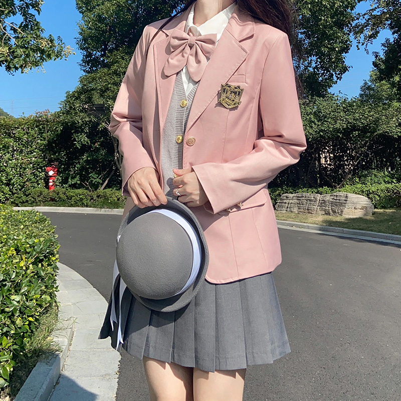 粉色西装外套女韩系百褶裙校园英伦学院风jk制服校供学姐西服套装-Taobao Vietnam