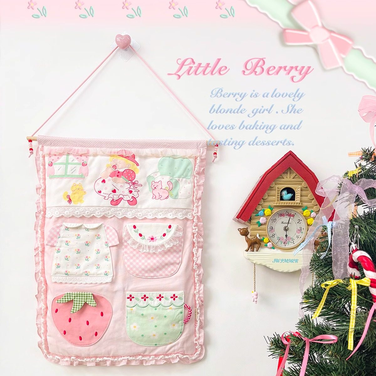 🌸少女心爆棚！littleberry少女可爱卡通草莓墙面夹棉挂袋收纳袋，家居收纳新宠儿💖-挂袋-淘宝好物网
