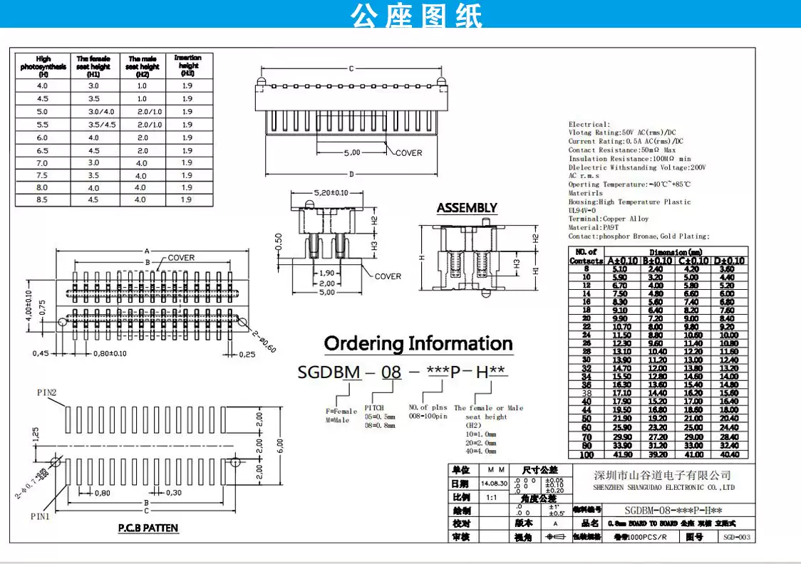 SGD双槽0.8mmBTB板对板连接器SGDBM-08-60P-H10/SGDBF-08-60P-H30
