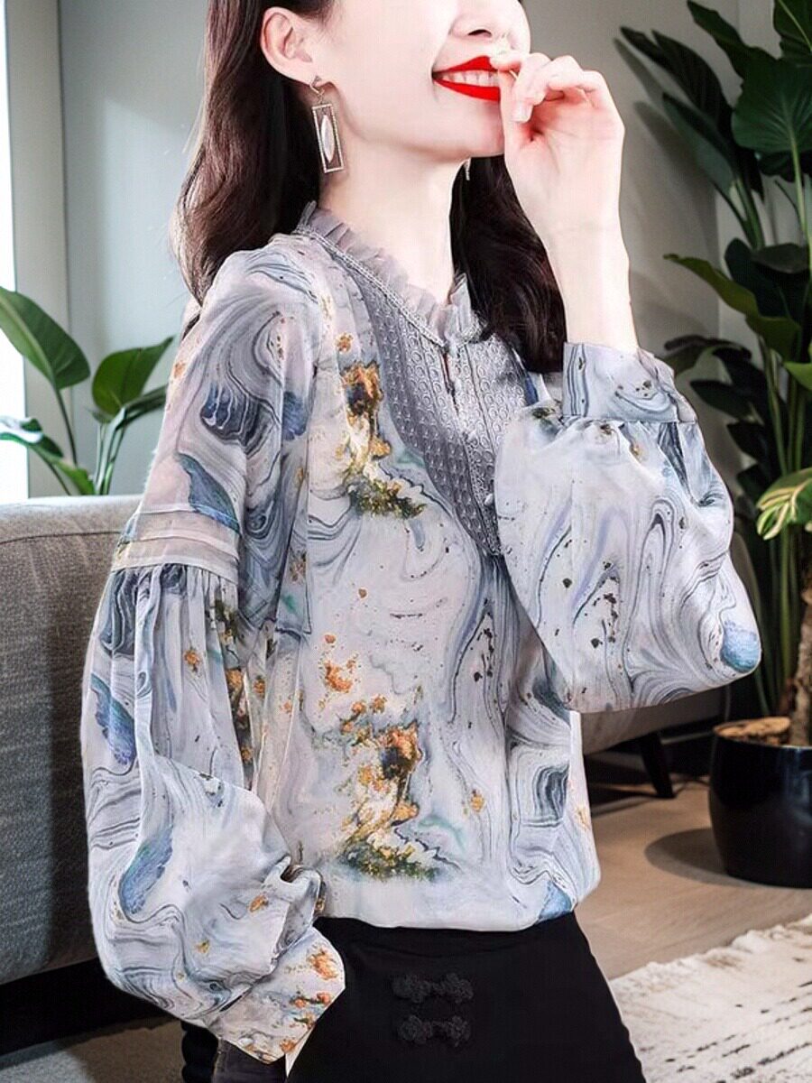 RAGR春款水墨印花木耳边灯笼袖上衣为何受到时尚界追捧？-汉服服配-淘宝好物网